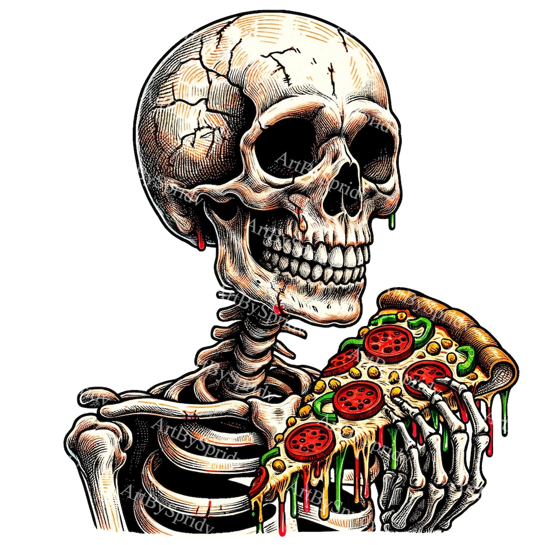 Skeleton Eating Pizza Clipart - Detailed Pizza Skull Illustration ...