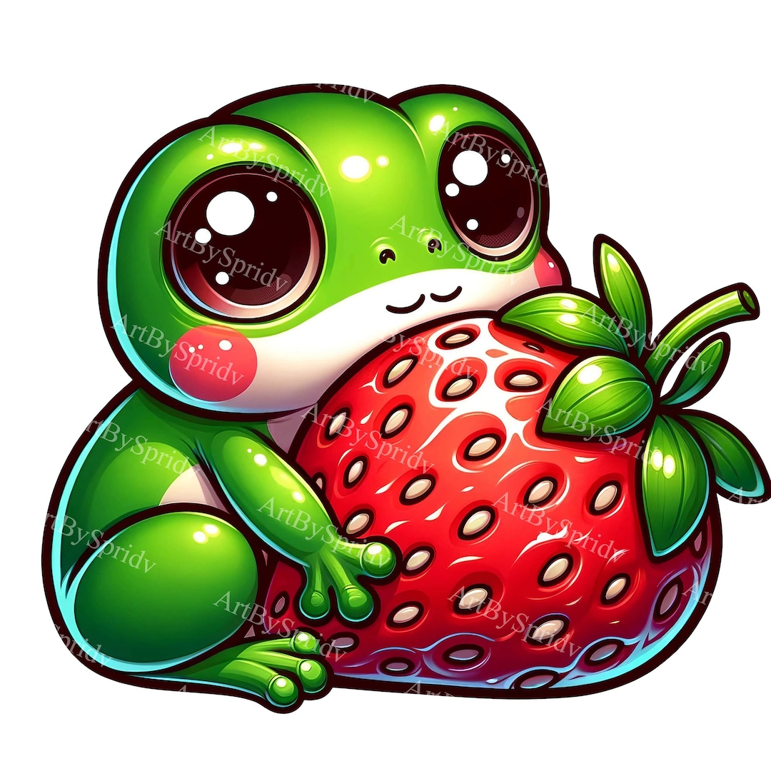 Adorable Cartoon Frog Clipart With Strawberry - Cute Froggy Digital Art ...