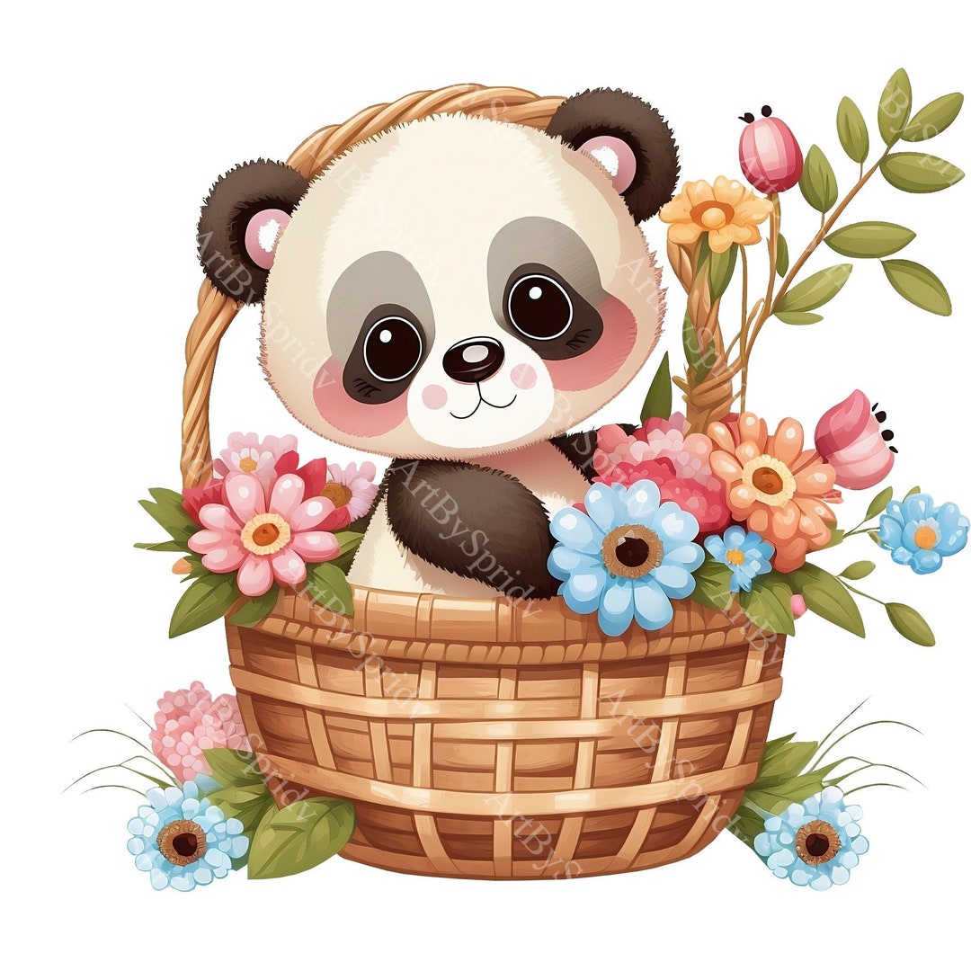 Baby Panda in Basket With Colorful Flowers PNG Clipart for Scrapbooking ...