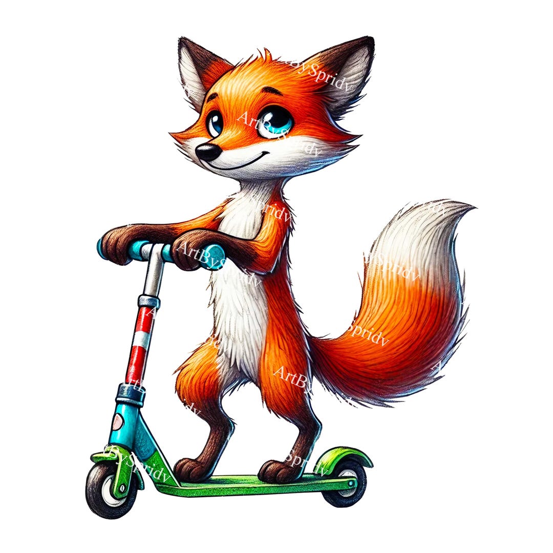 Fox on Scooter Clipart PNG, Adorable Cartoon Fox Riding Scooter ...