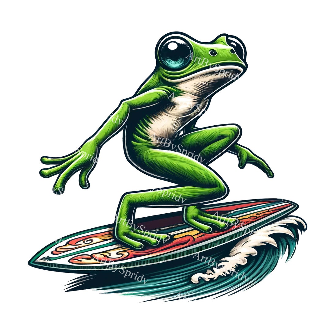 Whimsical Frog Surfing Clipart PNG, Big-eyed Cartoon Frog on Surfboard ...