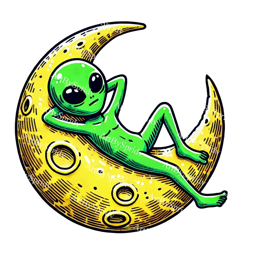 Alien Relaxing on Crescent Moon PNG Clipart-cute Green Extraterrestrial ...