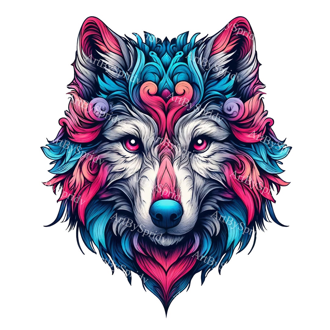 Colorful Wolf Clipart PNG | Vibrant Digital Wolf Head Illustration ...