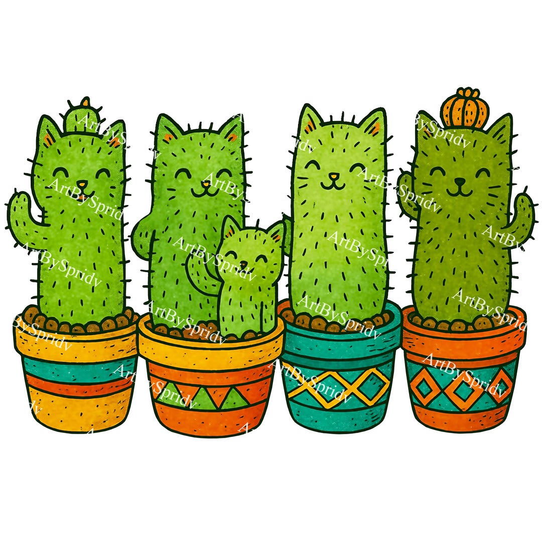 Cute Cat Cactus PNG Clipart, Kawaii Kitty Succulent Family Design ...
