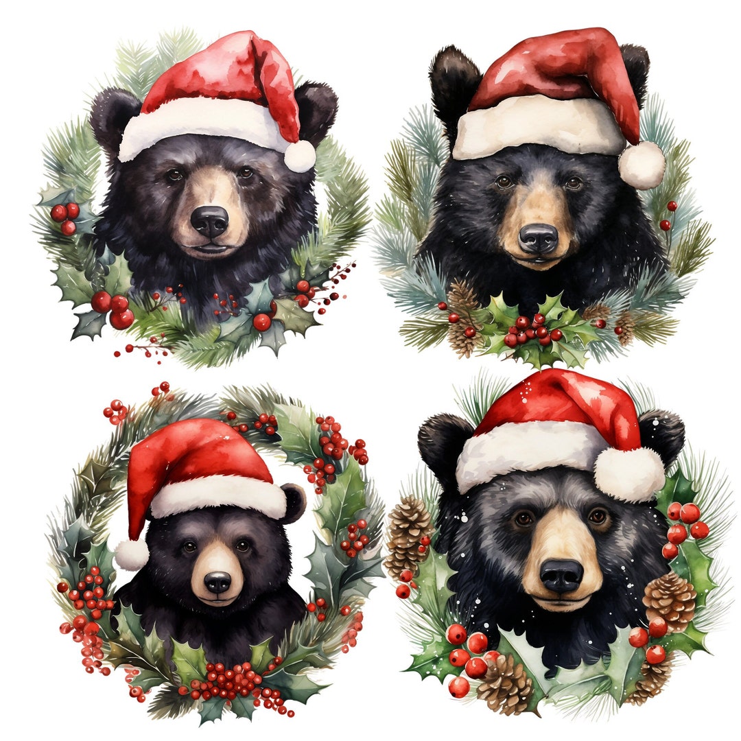 Christmas Black Bear PNG Clipart Set With Santa Hat & Holiday Wreaths ...