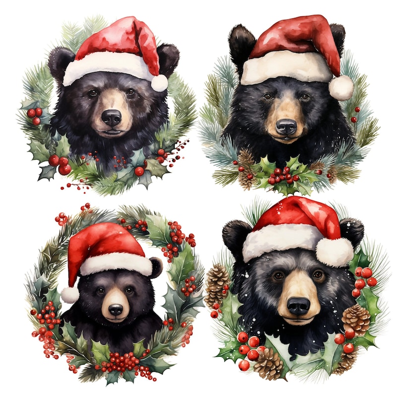 Christmas Black Bear PNG Clipart Set With Santa Hat & Holiday Wreaths ...