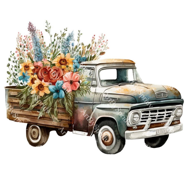Watercolor Vintage Truck & Flowers PNG Clipart Digital - Etsy