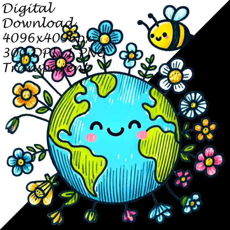 Earth Day With Flowers & Bee PNG Clipart, Cute Planet Clip Art for Eco ...