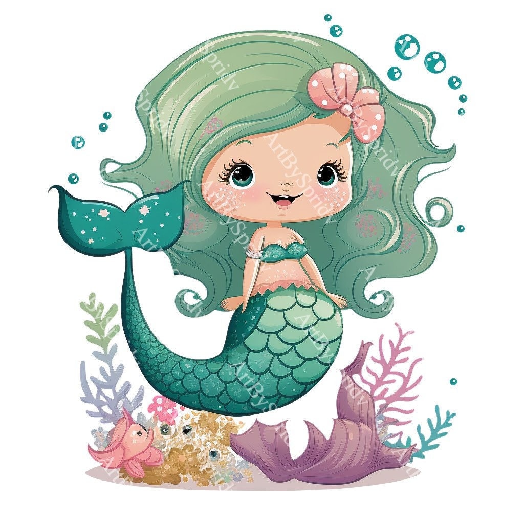 Cartoon Mermaid Clip Art Cute Cartoon Mermaid Watercolor Illustration