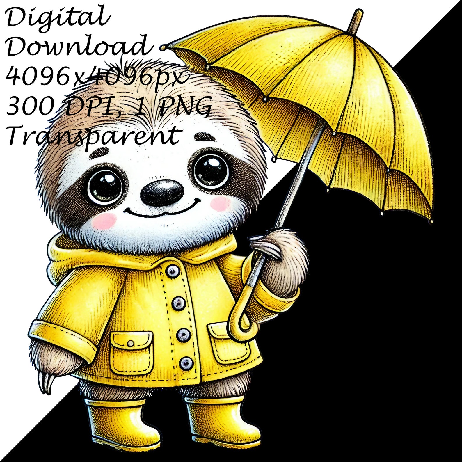 Adorable Cartoon Sloth in Yellow Raincoat & Boots Holding Umbrella PNG ...