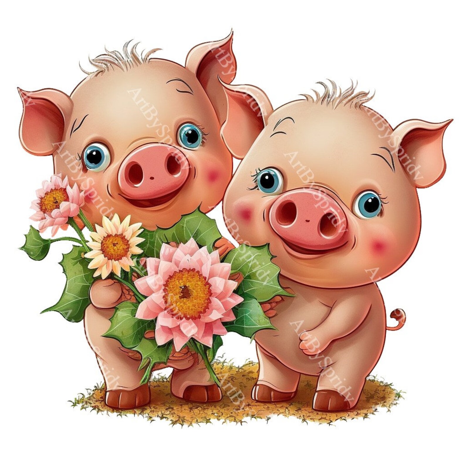 Pigs With Flowers PNG Floral Farm Animal Transparent Clipart - Etsy