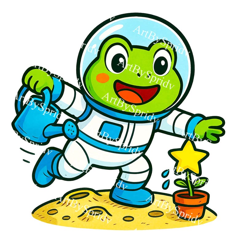 Astronaut Frog PNG Clipart - Cute Space Frog Watering Star Plant on ...