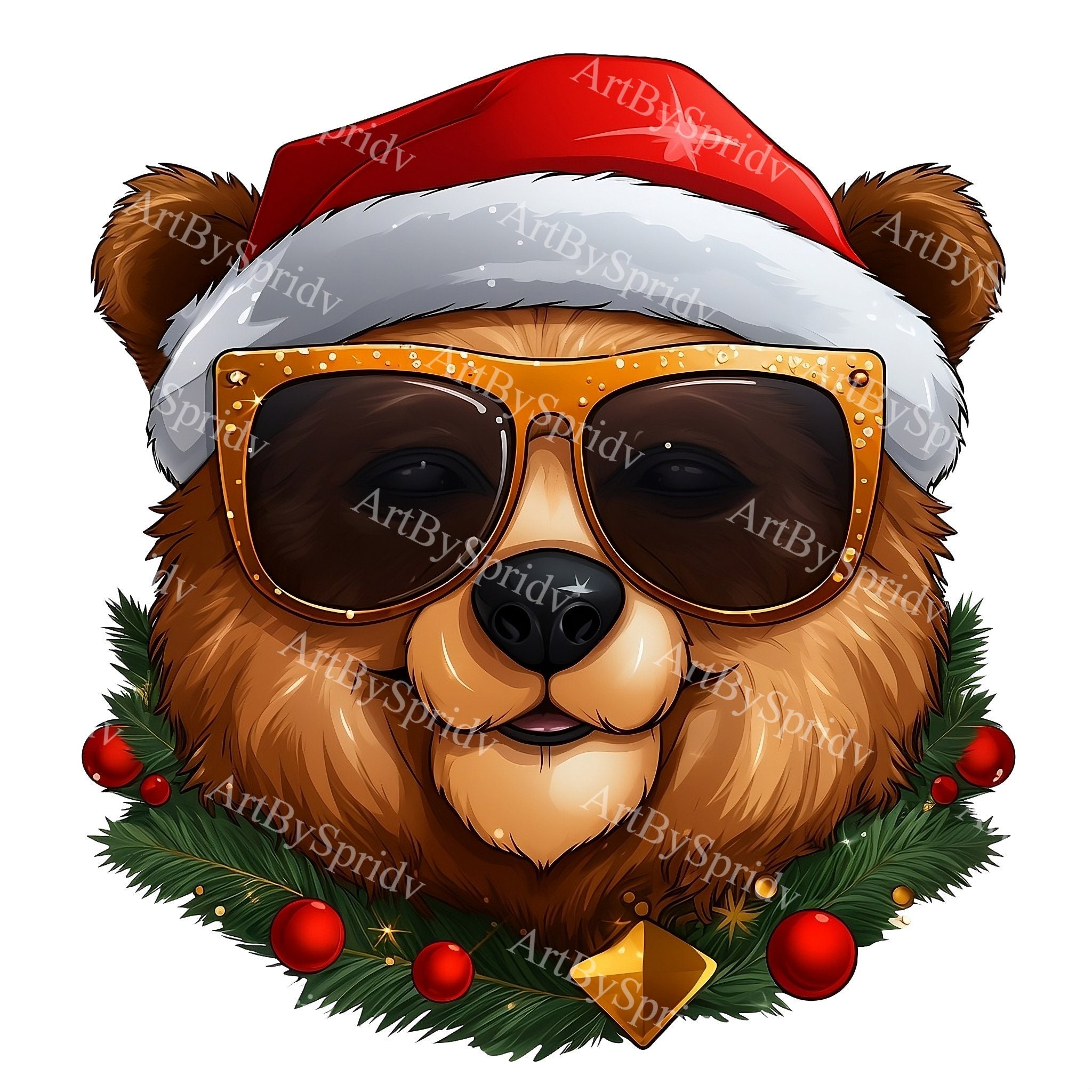 Festive Christmas Bear PNG Clipart With Sunglasses & Santa Hat, Holiday ...