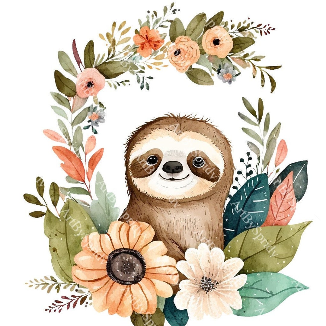 Hand-painted Sloth & Floral Clipart: Watercolor Sublimation PNG for DIY ...