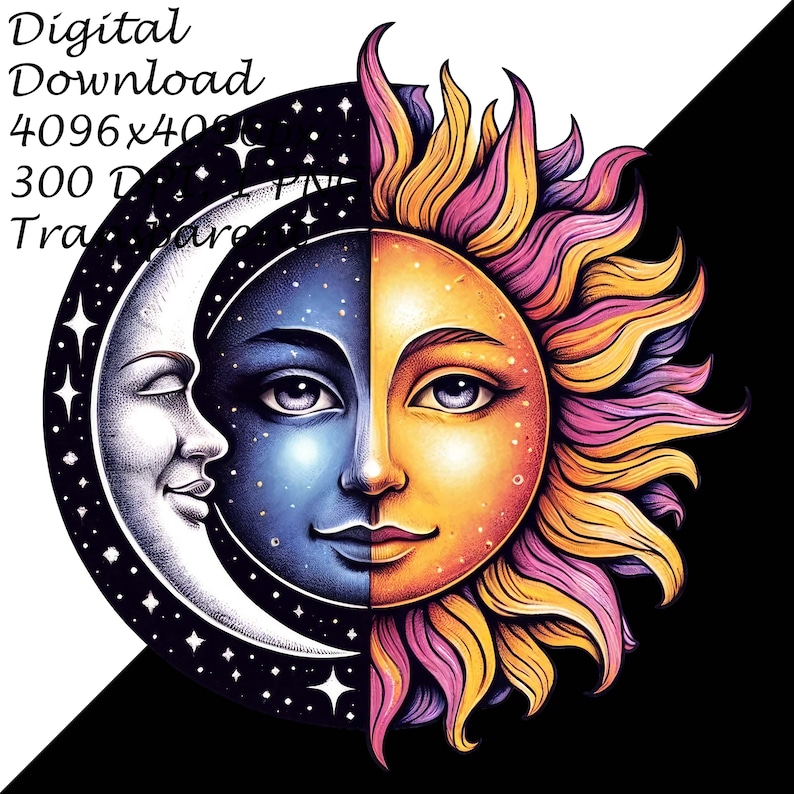Celestial Sun & Moon Face PNG Clipart, Mystical Cosmic Day and Night ...
