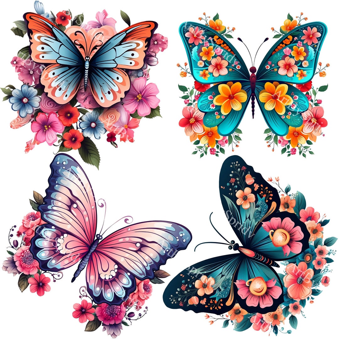 Vibrant Butterfly and Floral Clipart Set PNG, Boho Butterfly ...