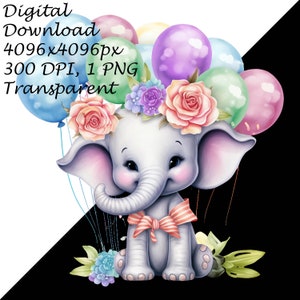 Adorable Elephant Clipart Bundle 4PCS| Floral & Balloon Elephant PNG ...