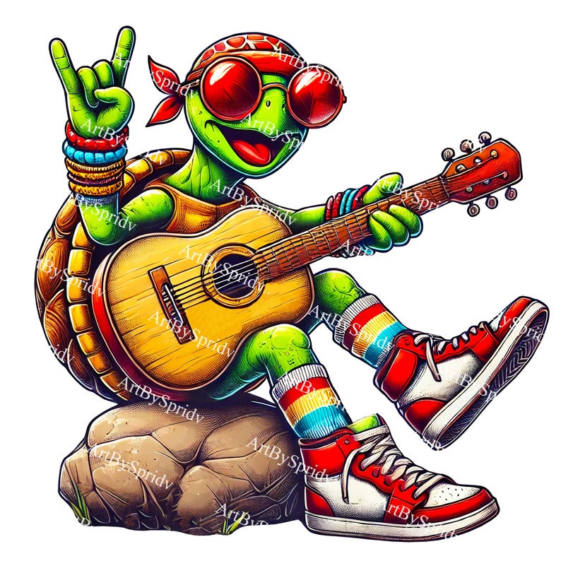 Cool Guitar-playing Turtle PNG - Cartoon Hippie Style Animal Clipart ...
