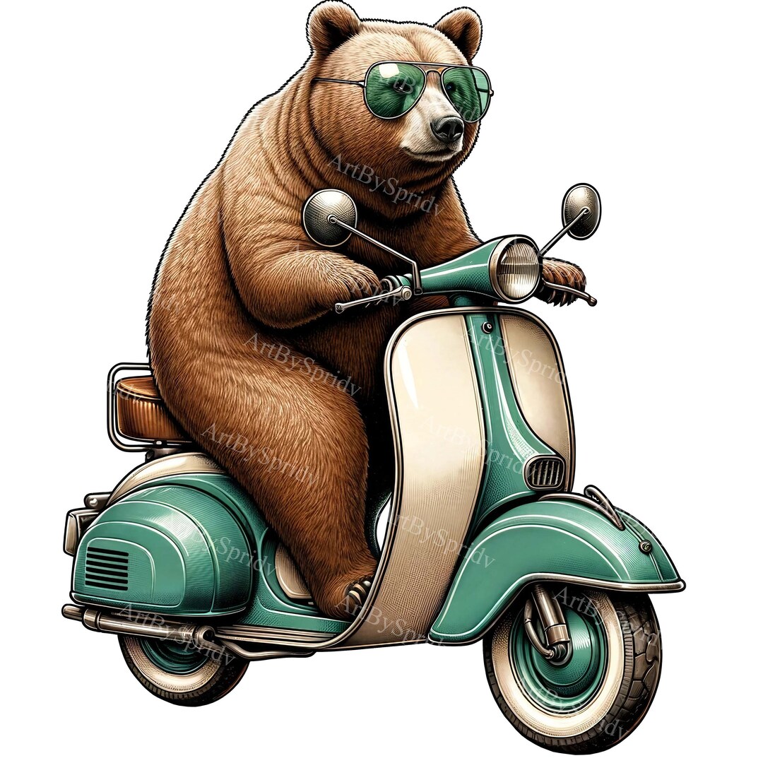 Vintage Scooter Bear Clipart - Retro Styled Bear Digital PNG, Sunglass ...