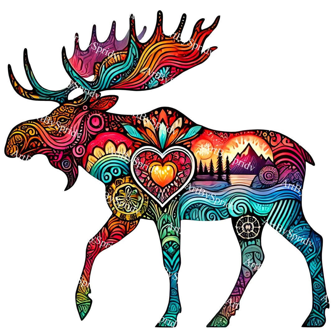Colorful Moose Clipart, Boho Mosaic Wildlife Illustration Transparent ...