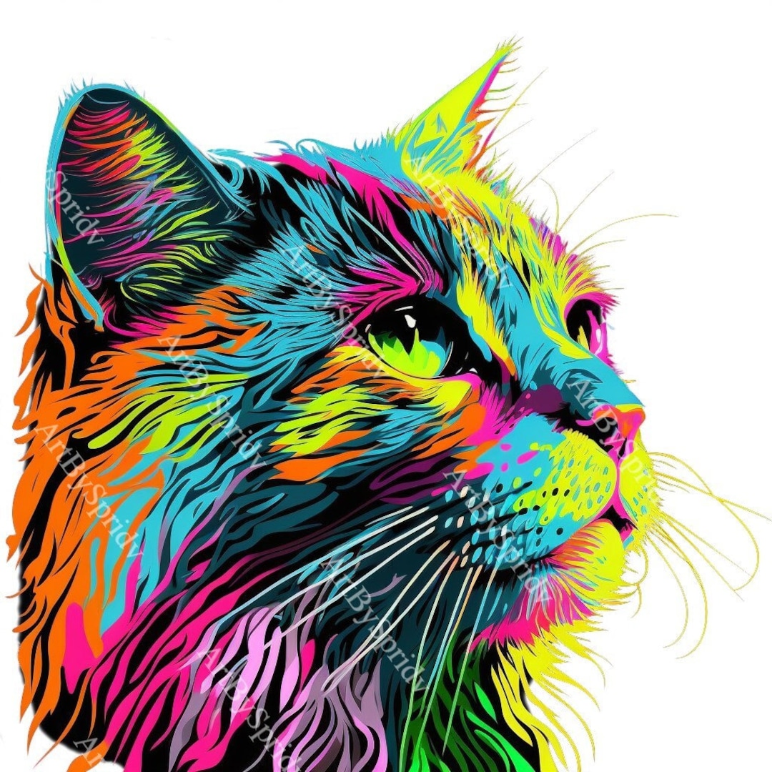 Day-glo Neon Cat Clipart, Colorful Psychedelic Cat PNG Illustration for ...