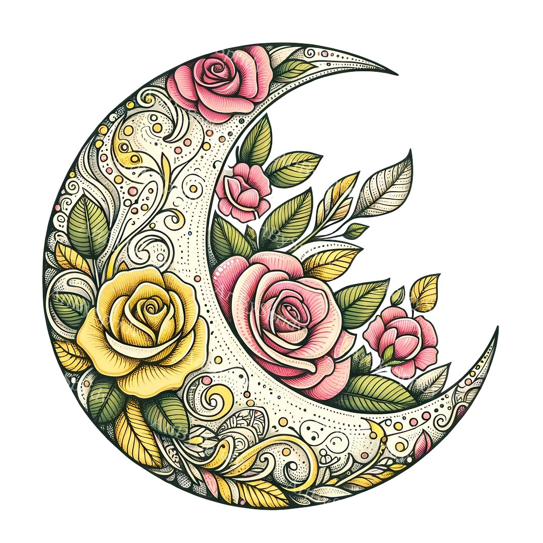 Floral Crescent Moon Clipart | Botanical Moon Phases PNG | Decorative ...