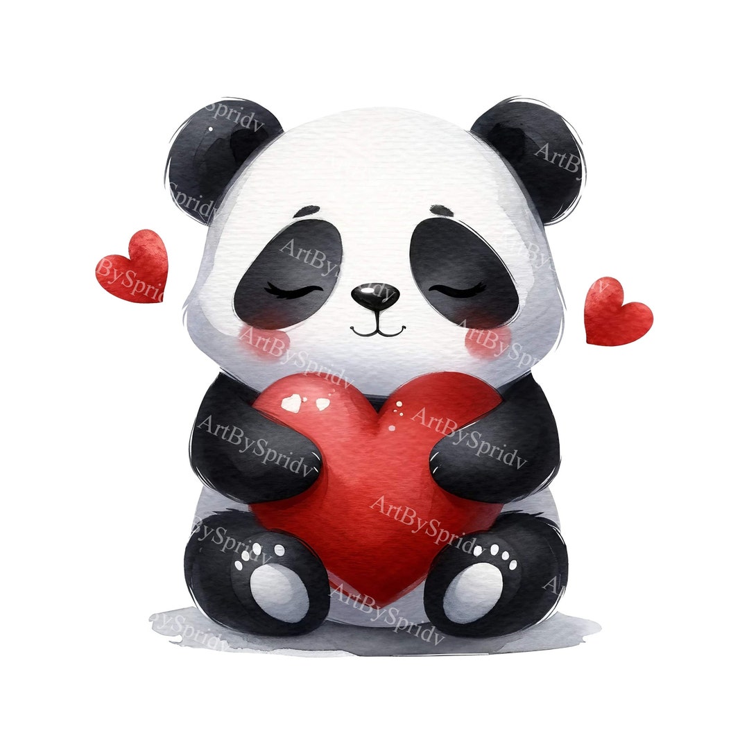 Valentine's Day Watercolor Panda Clipart - Heart-holding Cartoon Panda ...