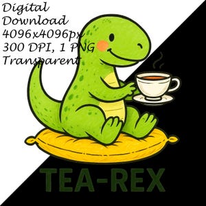 Cute Tea-rex Dinosaur PNG Clipart, Funny T-rex Drinking Tea Design ...
