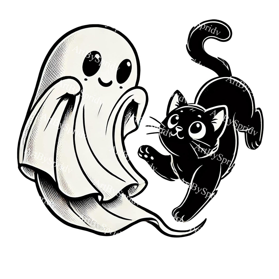 Halloween Ghost With Black Cat PNG Clipart, Spooky Cute Digital ...