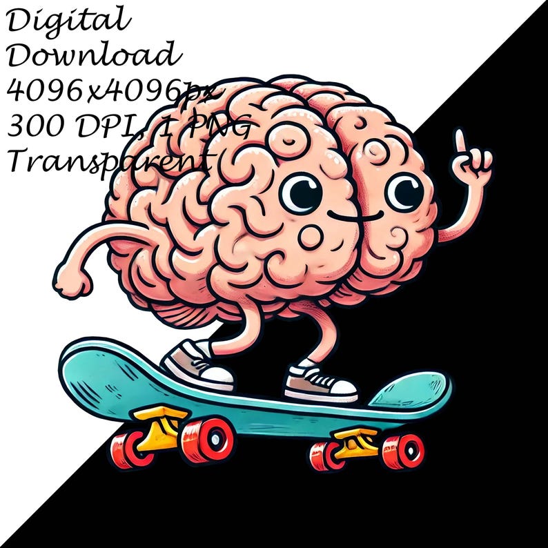 Fun Brain on Skateboard PNG Clipart, Quirky Digital Clip Art for ...