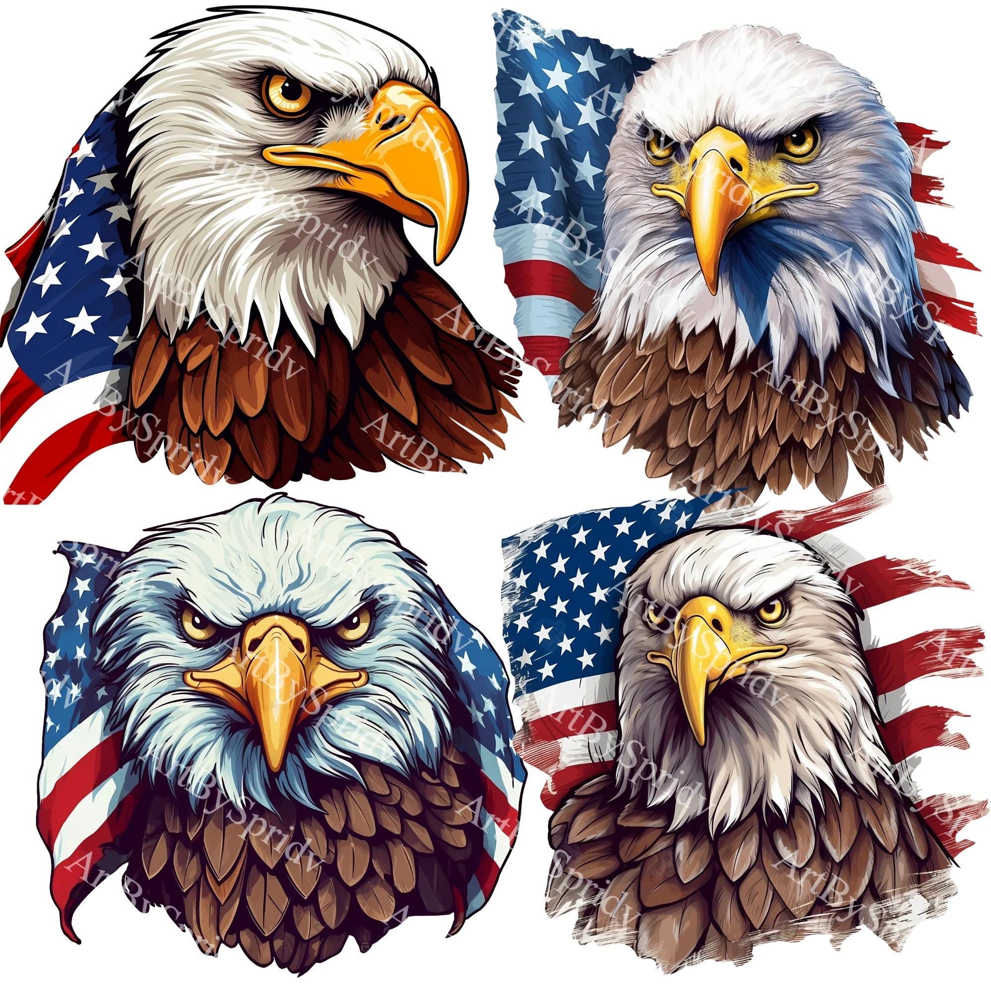 Fierce American Bald Eagle With USA Flag Clipart Set|transparent ...