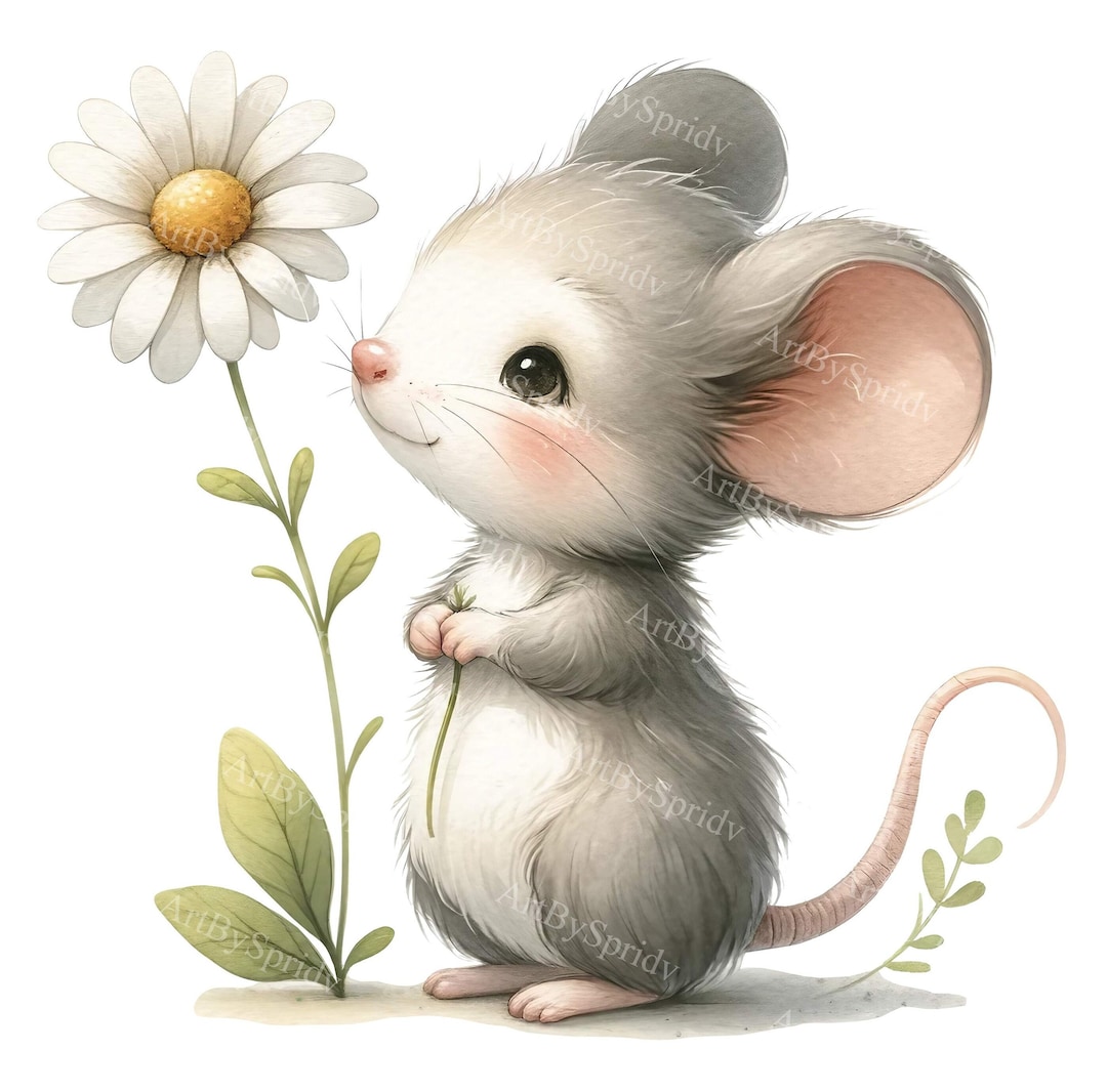 Cartoon Mouse With Daisy Flower Clipart - Watercolor Illustration PNG ...