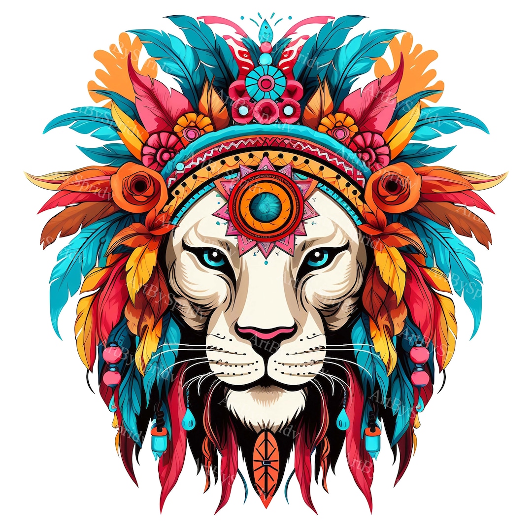 Vibrant Lion Sugar Skull Clipart, Tribal Animal Art, Boho Lion Digital ...
