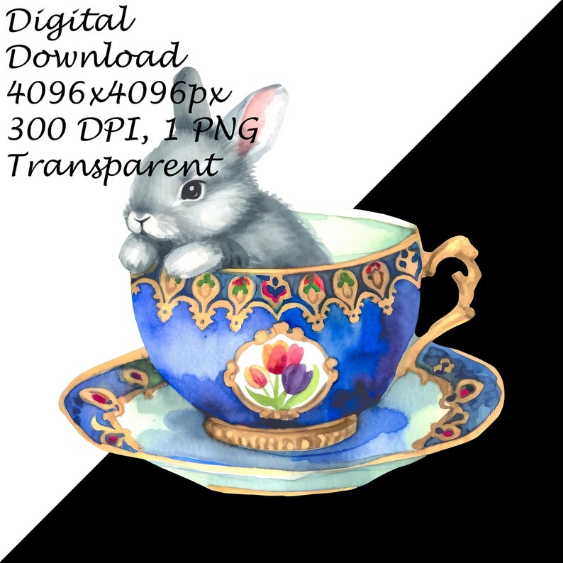 Adorable Bunny in Ornate Teacup Clipart - Watercolor Rabbit Digital PNG ...