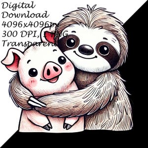 Sloth Hugging Pig Clipart, Transparent PNG Animal Illustration for DIY ...