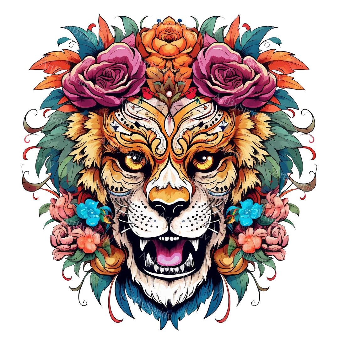 Colorful Lion Sugar Skull Clipart - Day of the Dead Big Cat PNG ...