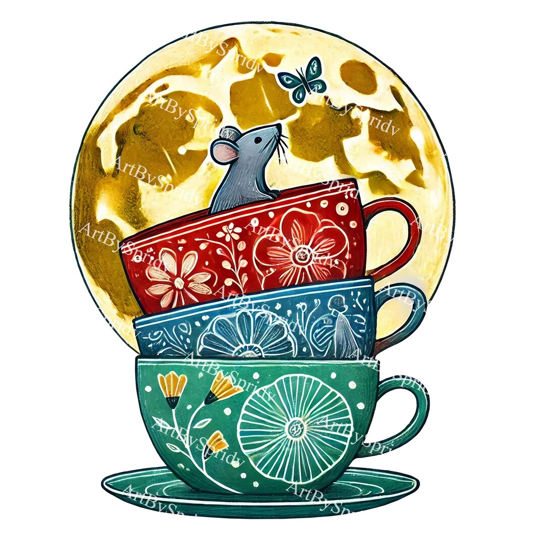 Mouse in Floral Teacups PNG Clipart, Digital Download, Moonlit Night ...