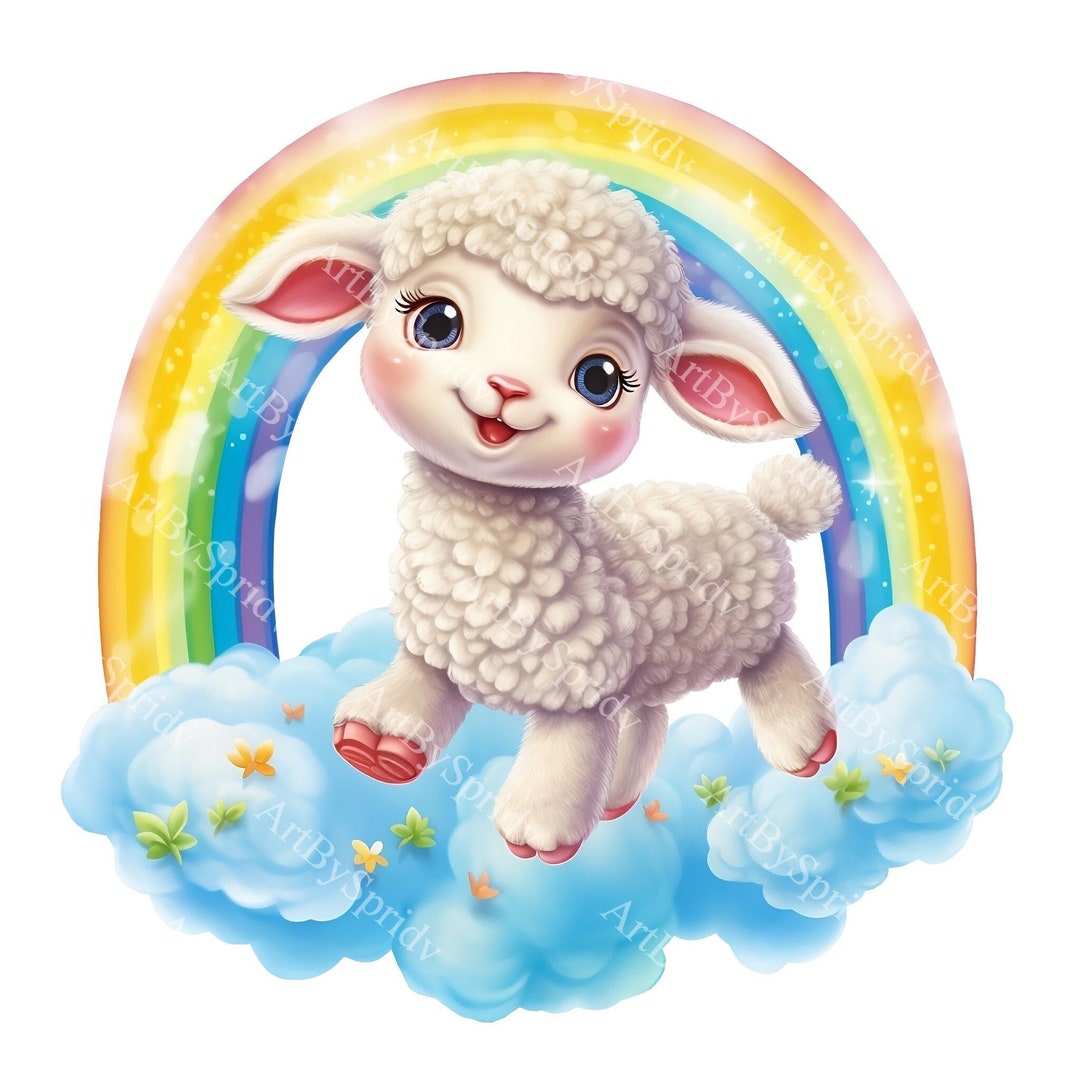 Lamb Clipart | Cute Lamb With Rainbow and Clouds | Hand-drawn ...