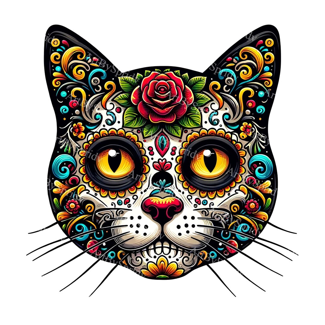 Colorful Sugar Skull Clipart - Day of the Dead Cat Illustration PNG ...