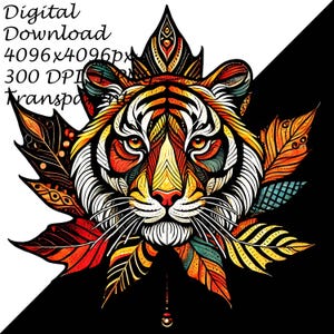 Bold Tiger Face With Intricate Maple Leaf Pattern PNG Clipart, Wildlife ...