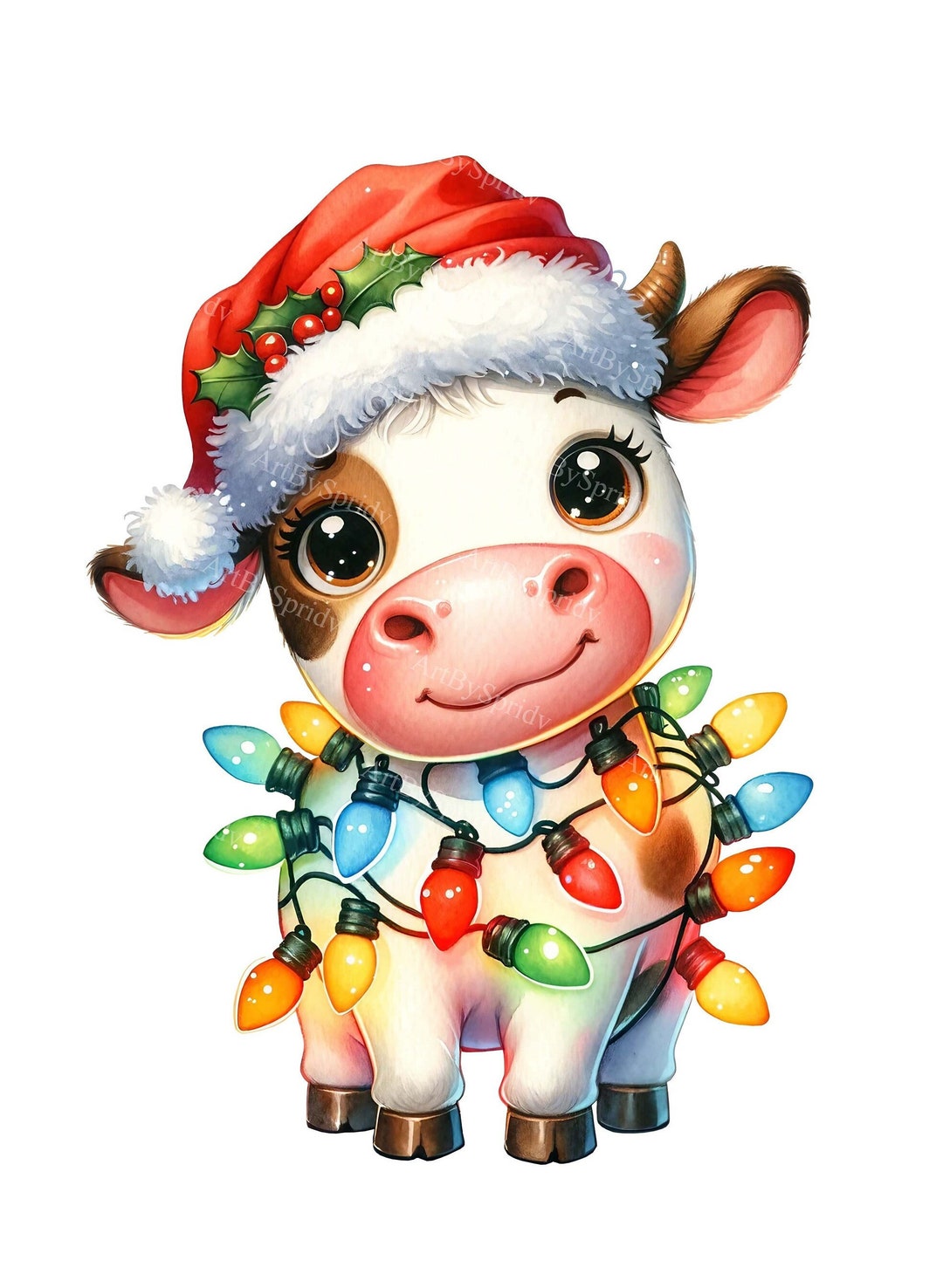 Watercolor Cow With Christmas Lights PNG - Festive Animal Clipart for ...