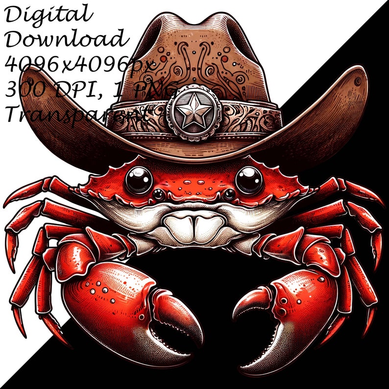 Western-themed Red Crab Digital Clipart, Printable Cowboy Crab PNG for ...