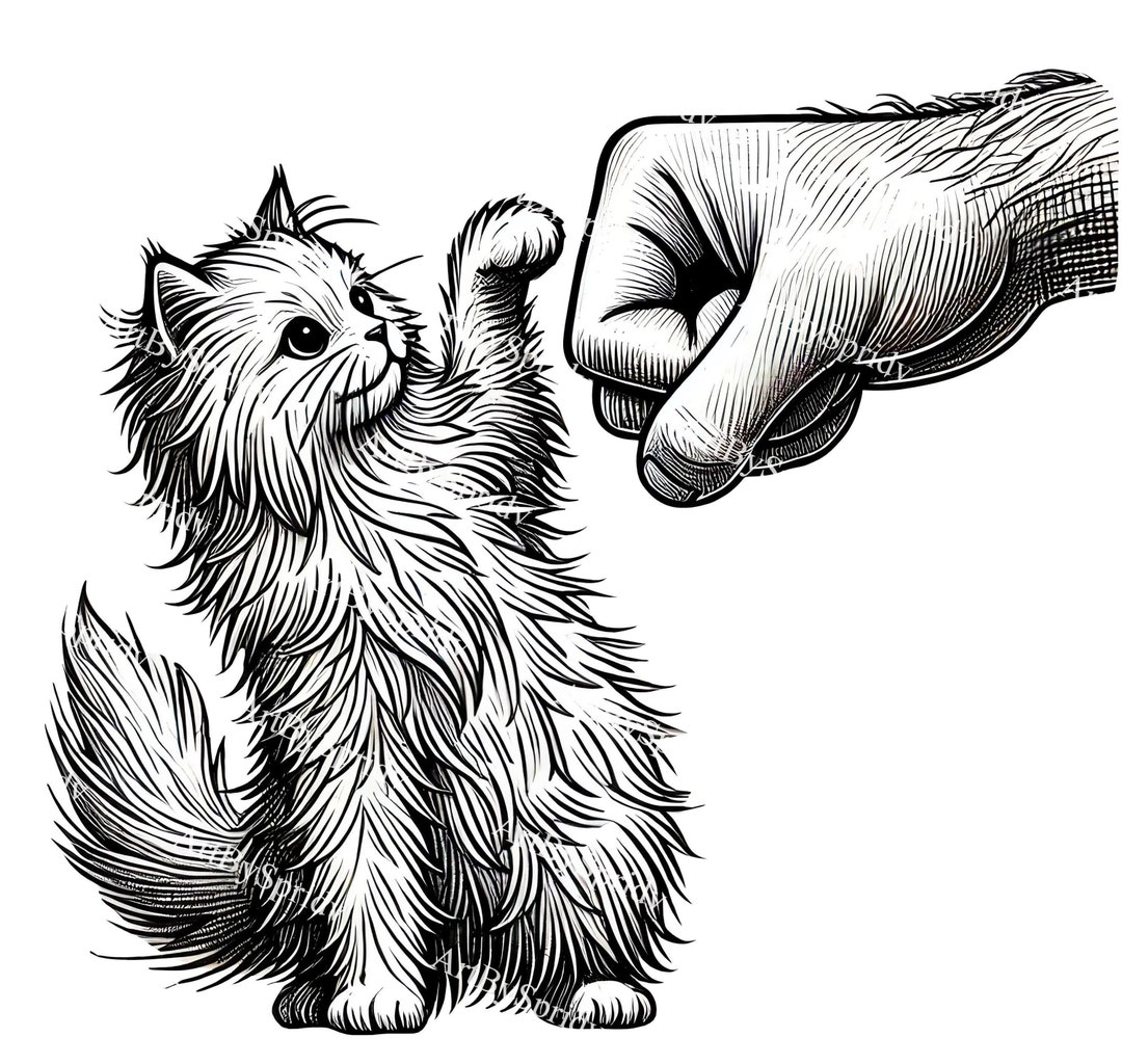 Vintage Cat Fist Bump Clipart, Detailed Black and White Engraved Style ...