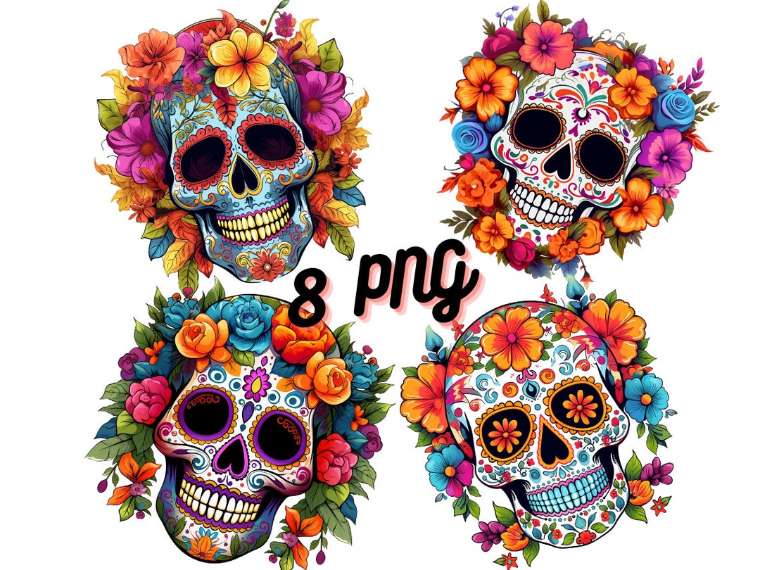 Sugar Skull Clipart Bundle - 8 Pngs | Day of the Dead Floral Skulls ...