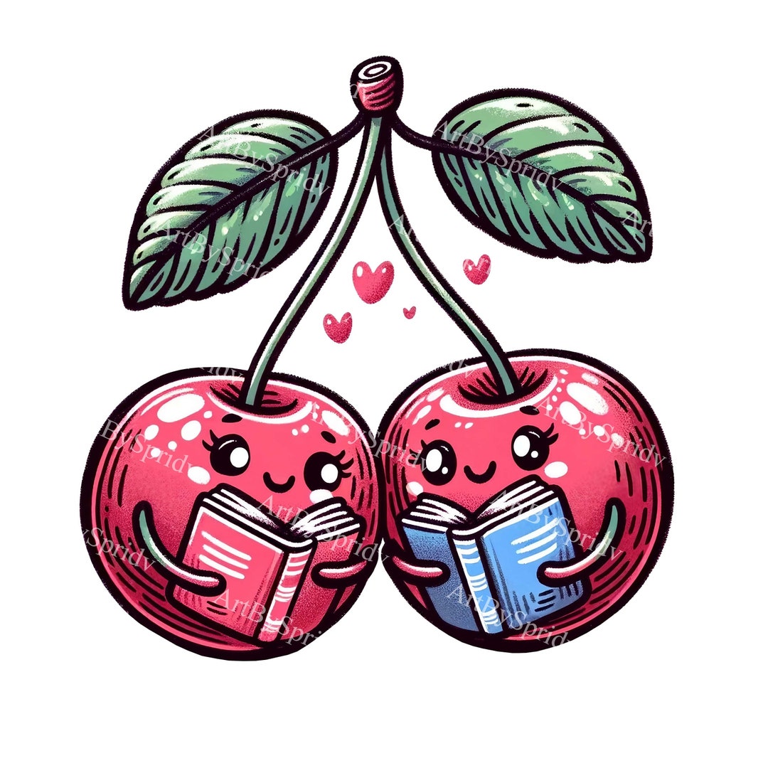 Cherries Reading Books Clipart, Cute Fruit Digital Illustration, Kawaii ...