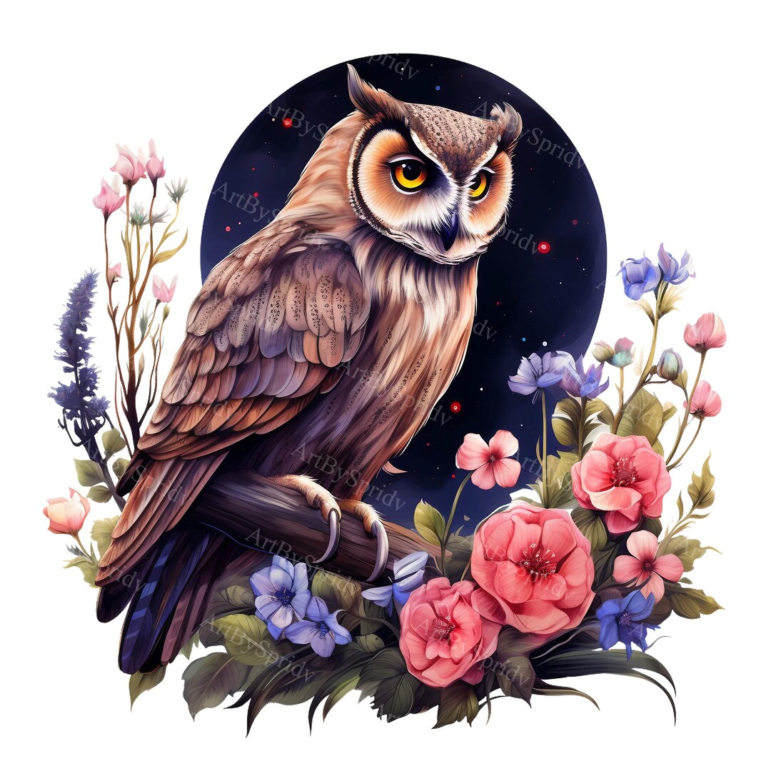 Watercolor Wise Owl Perched Amidst Flower-transparent 4 PNG Clipart ...