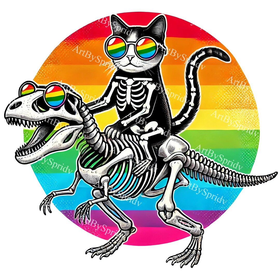 Rainbow Skeleton Cat Riding on T-rex Skeleton Digital Download PNG ...