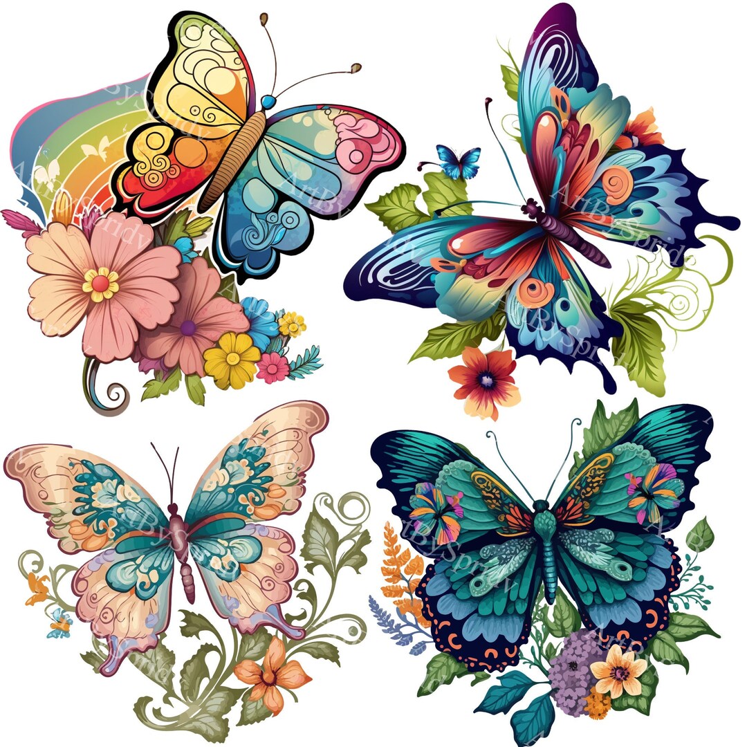 Colorful Butterfly&floral Clipart Set PNG, Vibrant Boho Butterfly ...