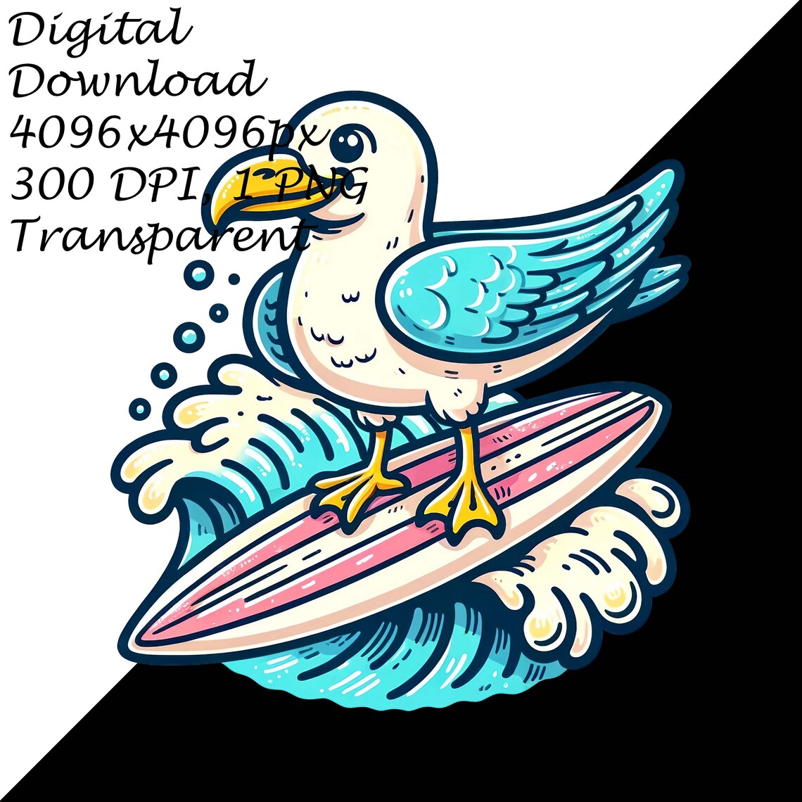 Fun Seagull Surfing Clipart, Surfboard PNG, Beach Summer Digital ...