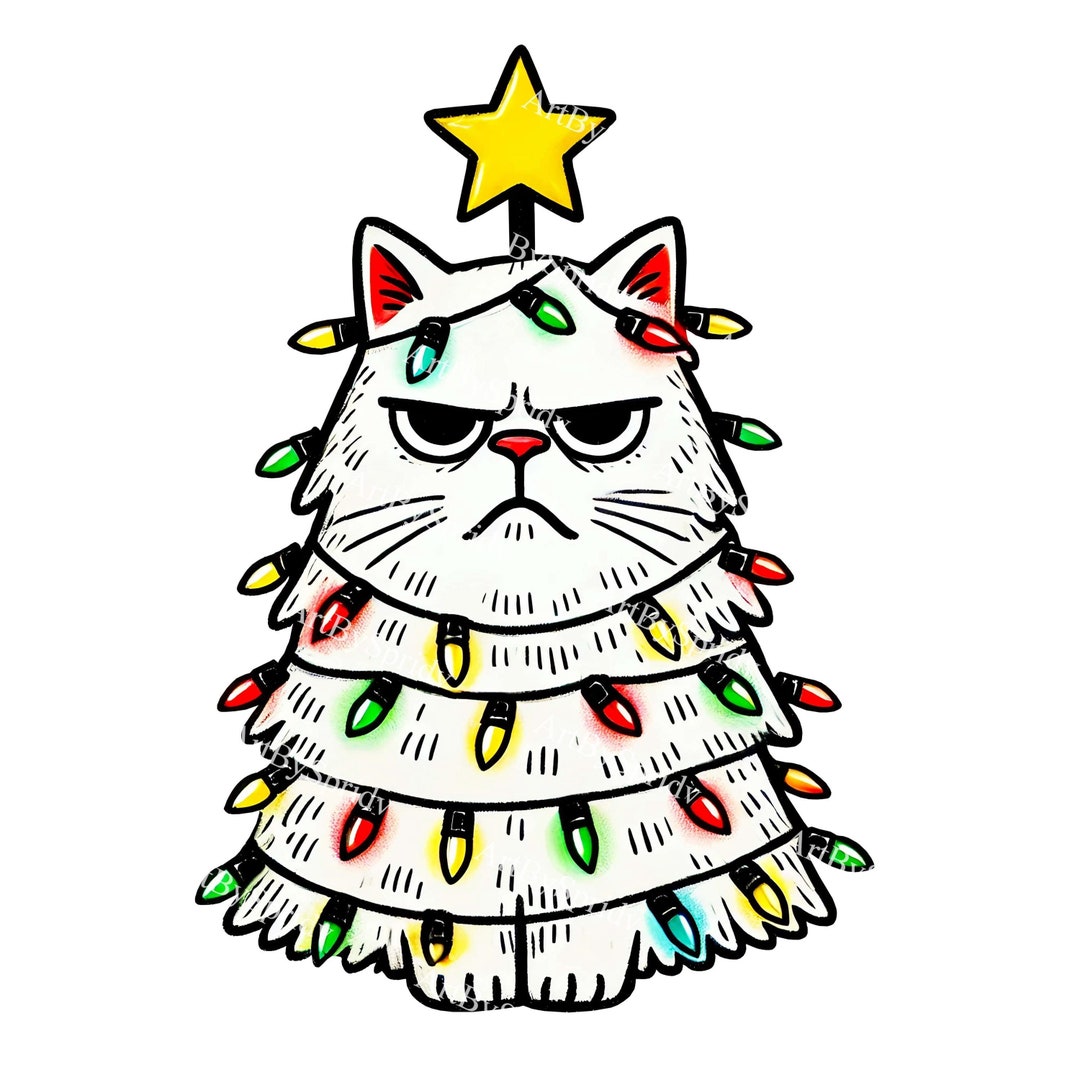 Grumpy Cat Christmas Tree Clipart,funny Holiday Kittne With Xmas Lights ...